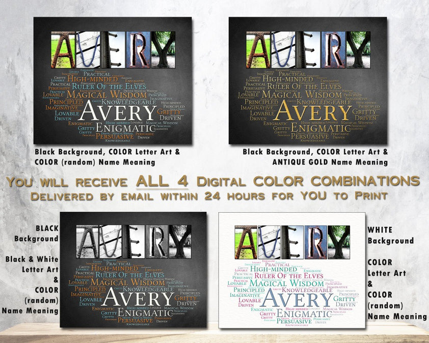Avery Name Meaning Gift | 4 Digital Prints – Letter Art Gifts